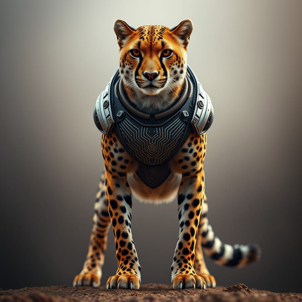Realistic cheetah warrior wearing a sci-fi Chest plate