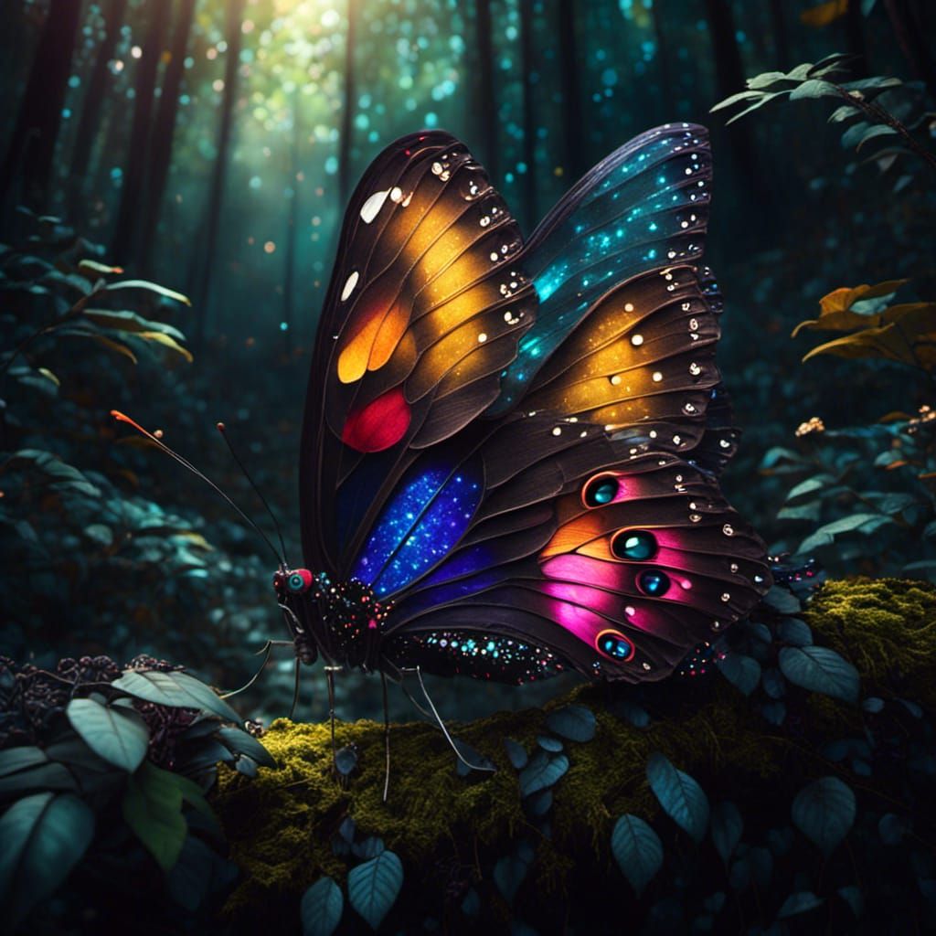 "a beautiful colorful butterfly with large wings in a dark forest" high ...