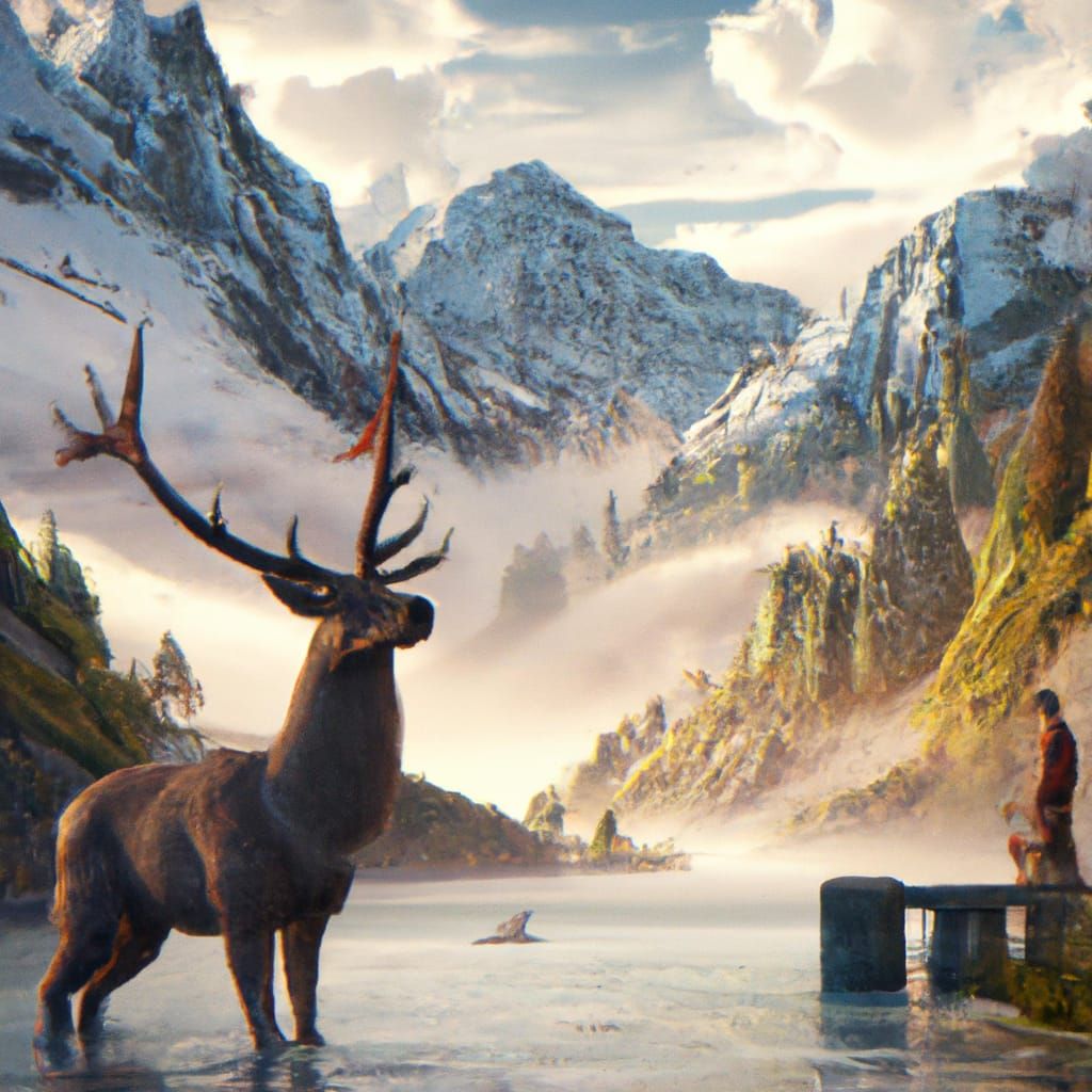 Tall snow-capped mountains above alpine river, a stag looks up ...