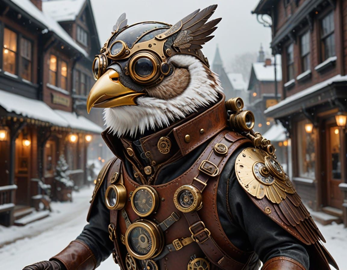 Steampunk Bird in a snowy village - Steampunk Bird in a Snow...