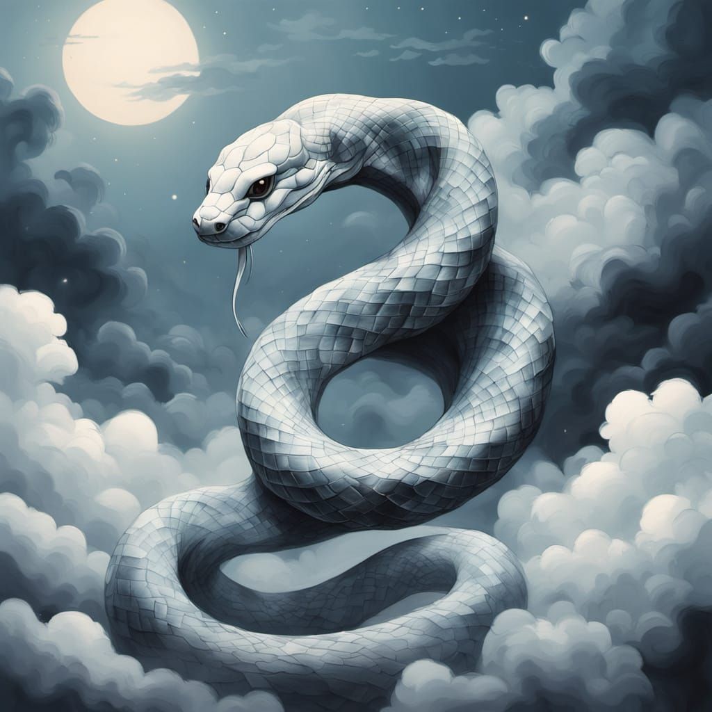 Ethereal Japanese Snake in Whispy Clouds, Traditio... - AI Art