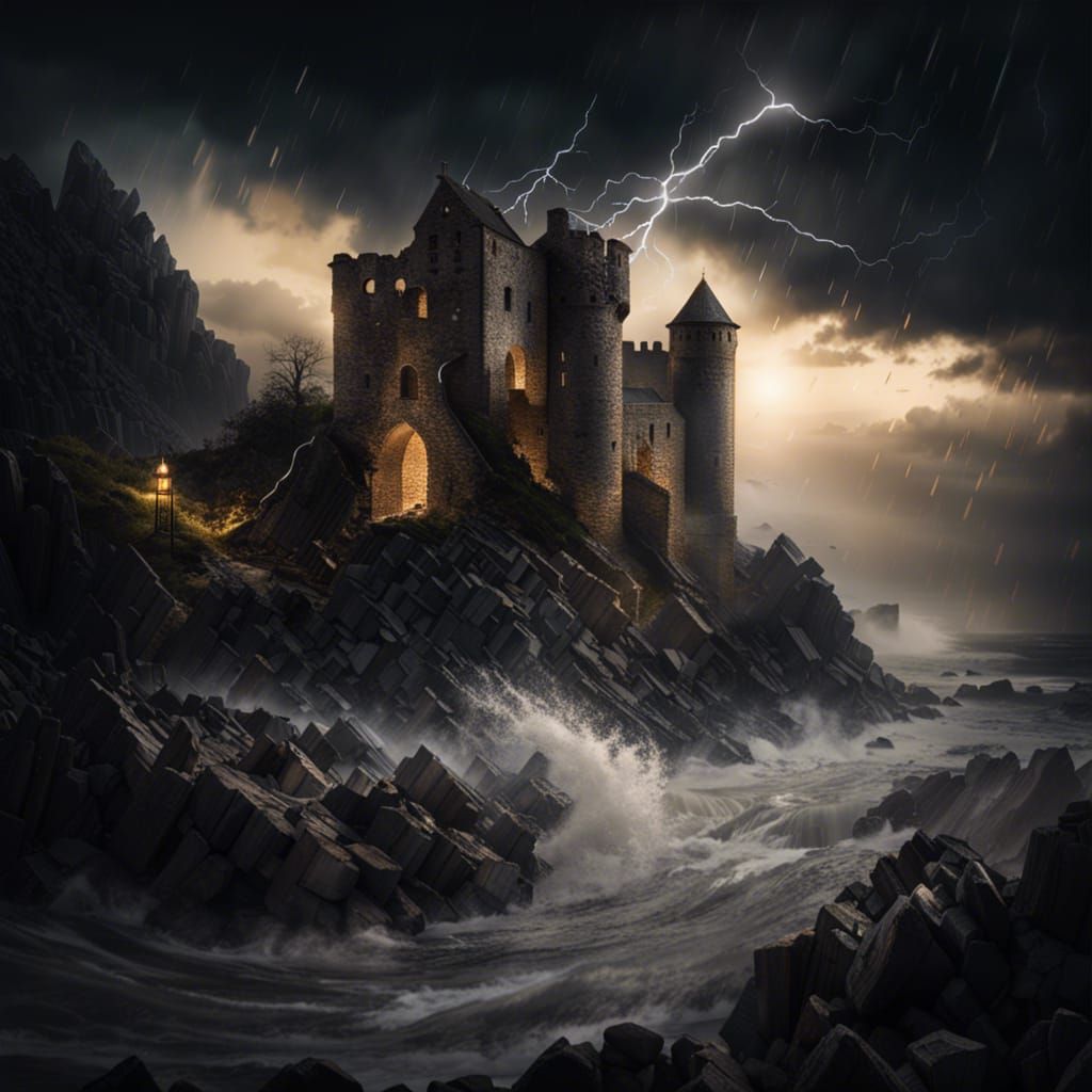 alte burgruine steht an steiler englischer Küste, unten braust ...