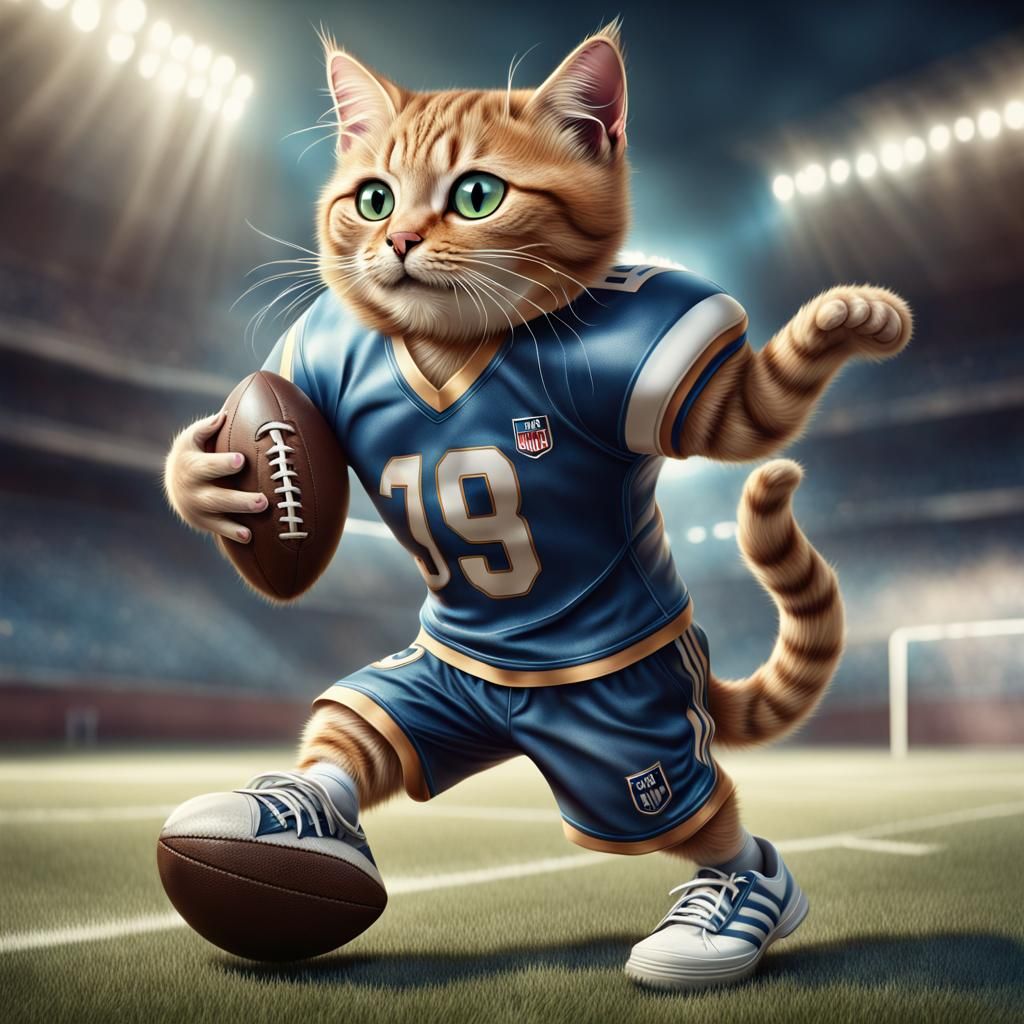 Beautiful cat playing football. He wears a football jersey, shorts and ...