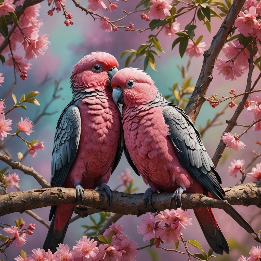 two hyperreal galahs sitting on a tree, close up, snuggling ...