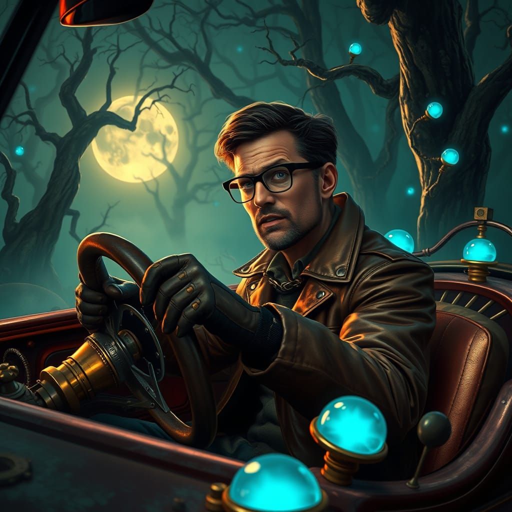 Steampunk Scientist Cruises Moonlit Forest in Copp... - AI Art