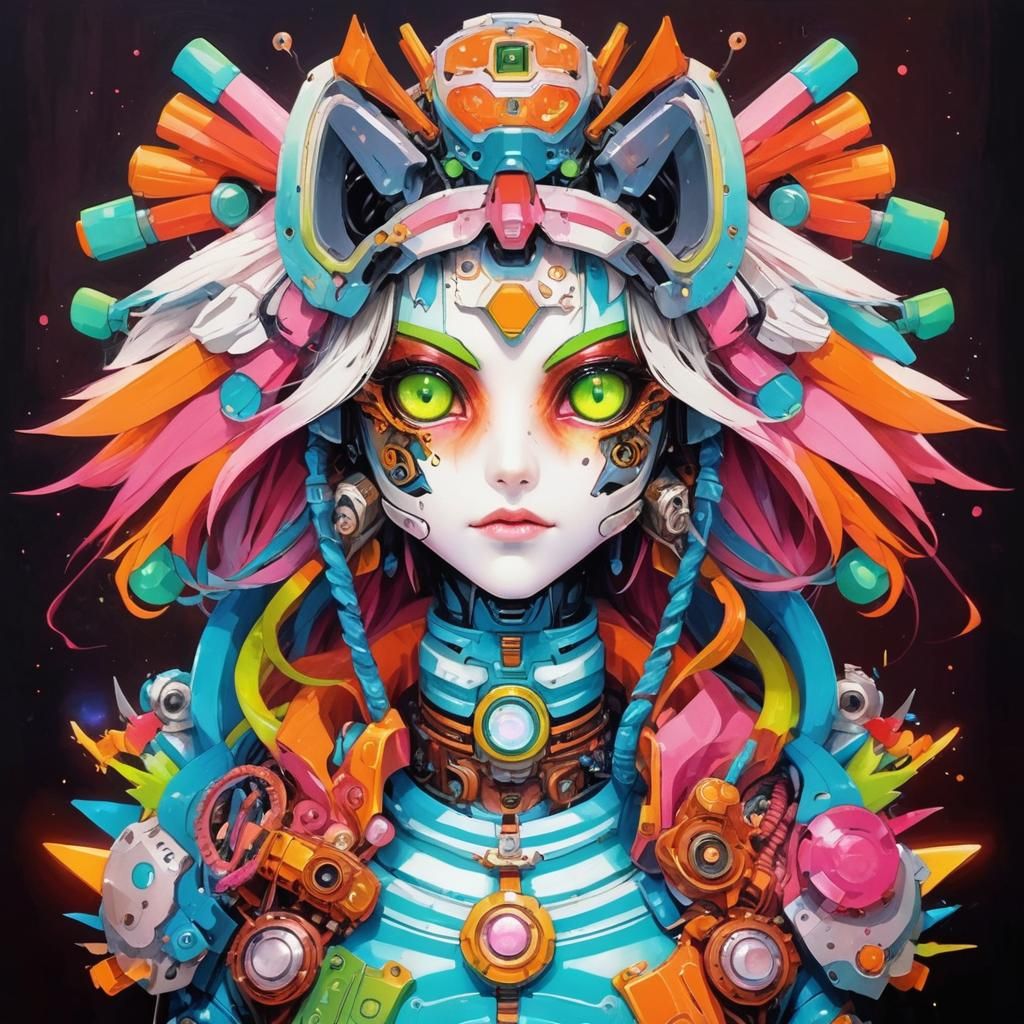 Humanoid robot with in post-apocalyptic wonderland, neon colored art ...