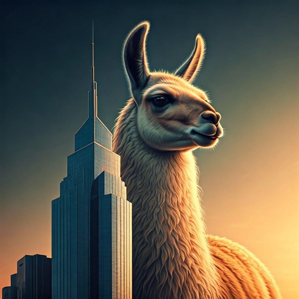 large llama behind skyscraper sky - Regal Llama Reigns Behin...