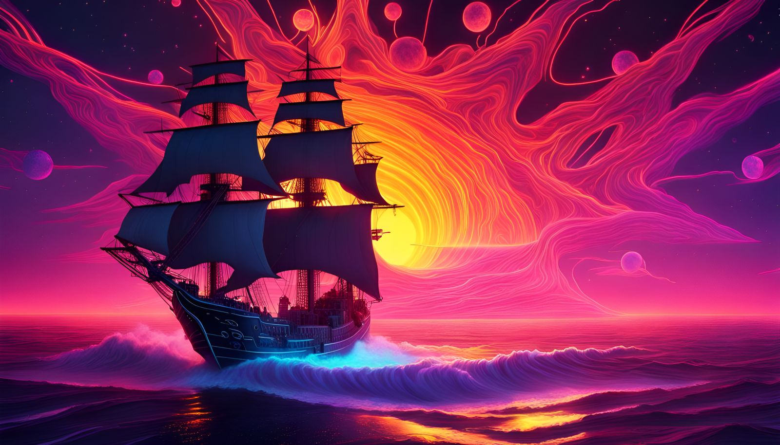 A cosmic pirate ship sailing along the neon waves of an exploding Sun ...