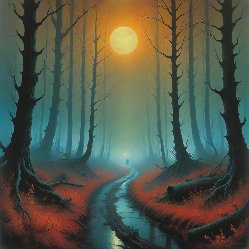 Ethereal Forest Path Illuminated by Blue Moon - AI Art