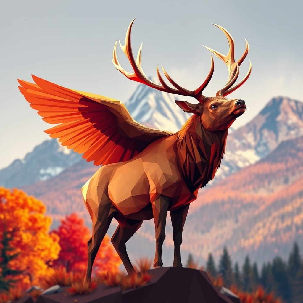 A Majestic Flying Elk - Low-Poly Angel of Autumn