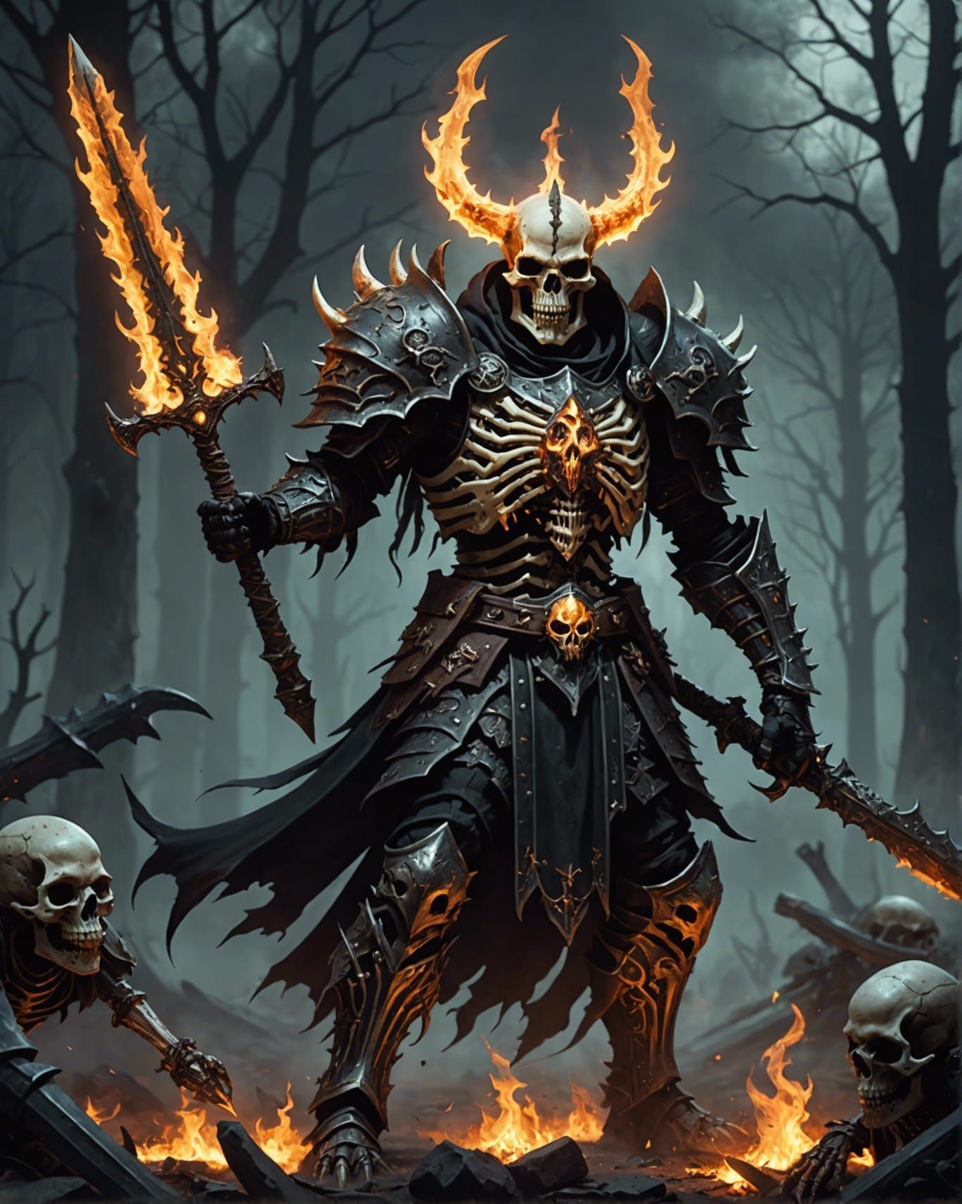 A Diablo style necromancer with a burning sword and wearing armour made ...