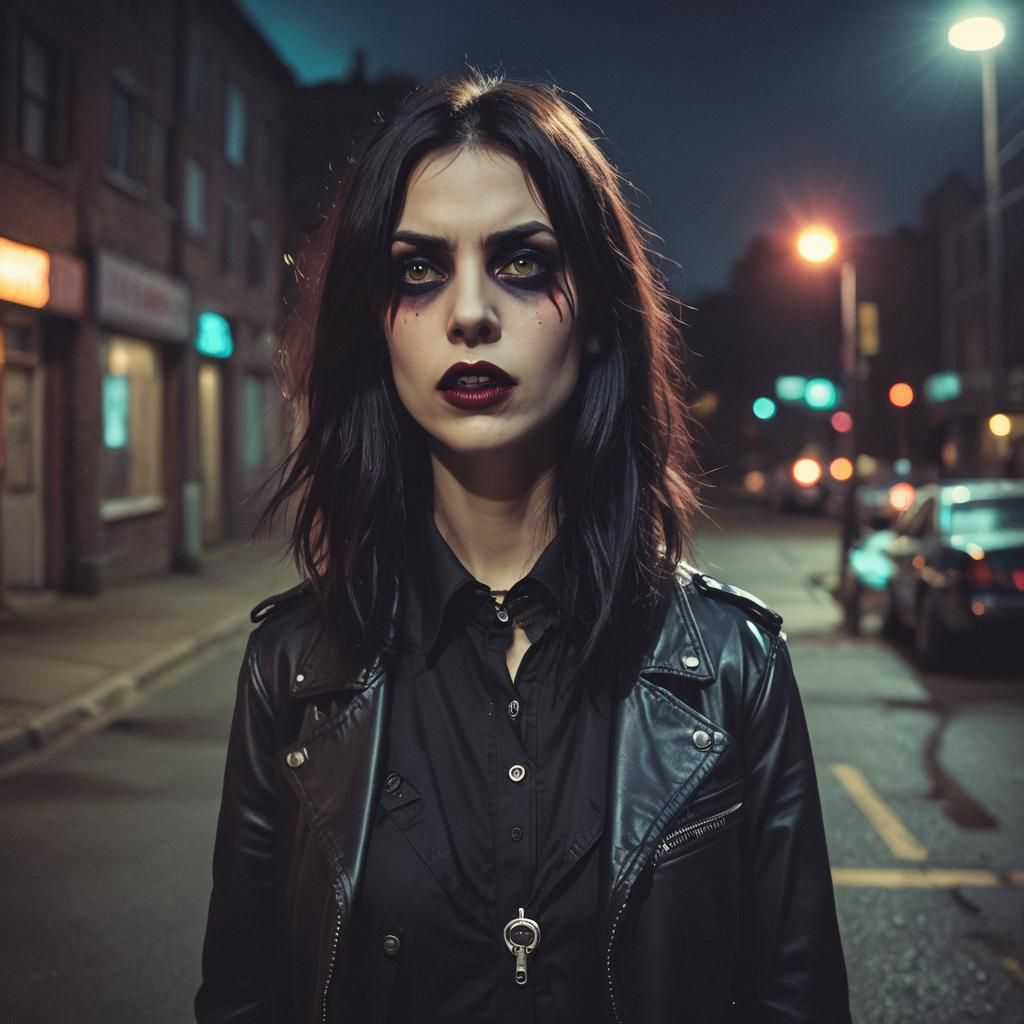 Vampiric emo woman says screw you to a cop - AI Generated Artwork ...