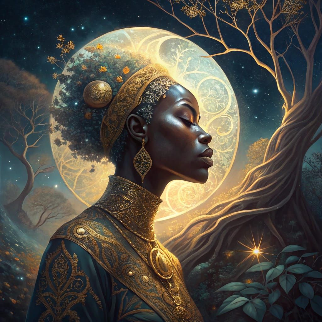 African Goddess Radiates in Kintsugi-Inspired Moon... - AI Art