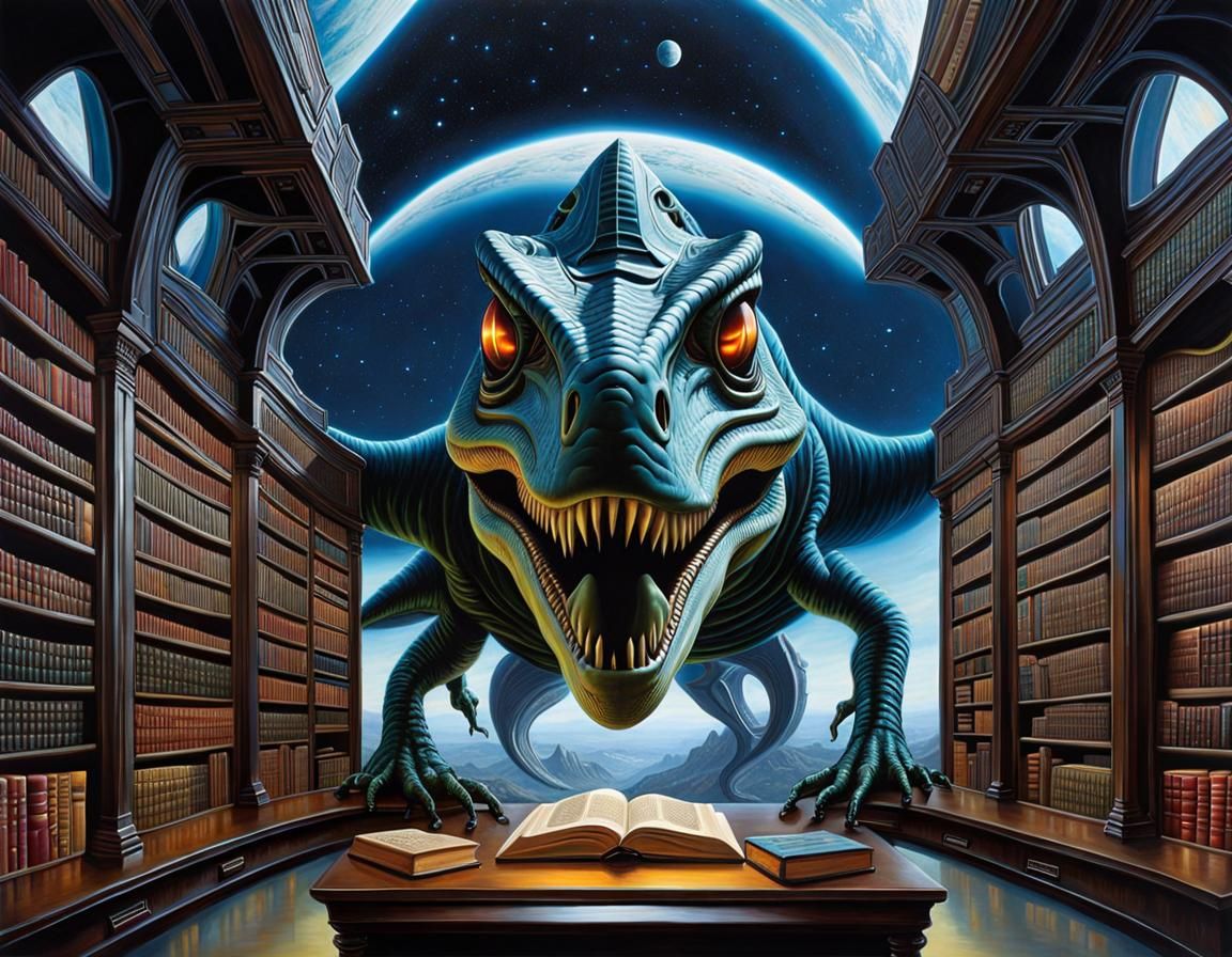 Close-up ethereal dino-alien works at futuristic library at space ...