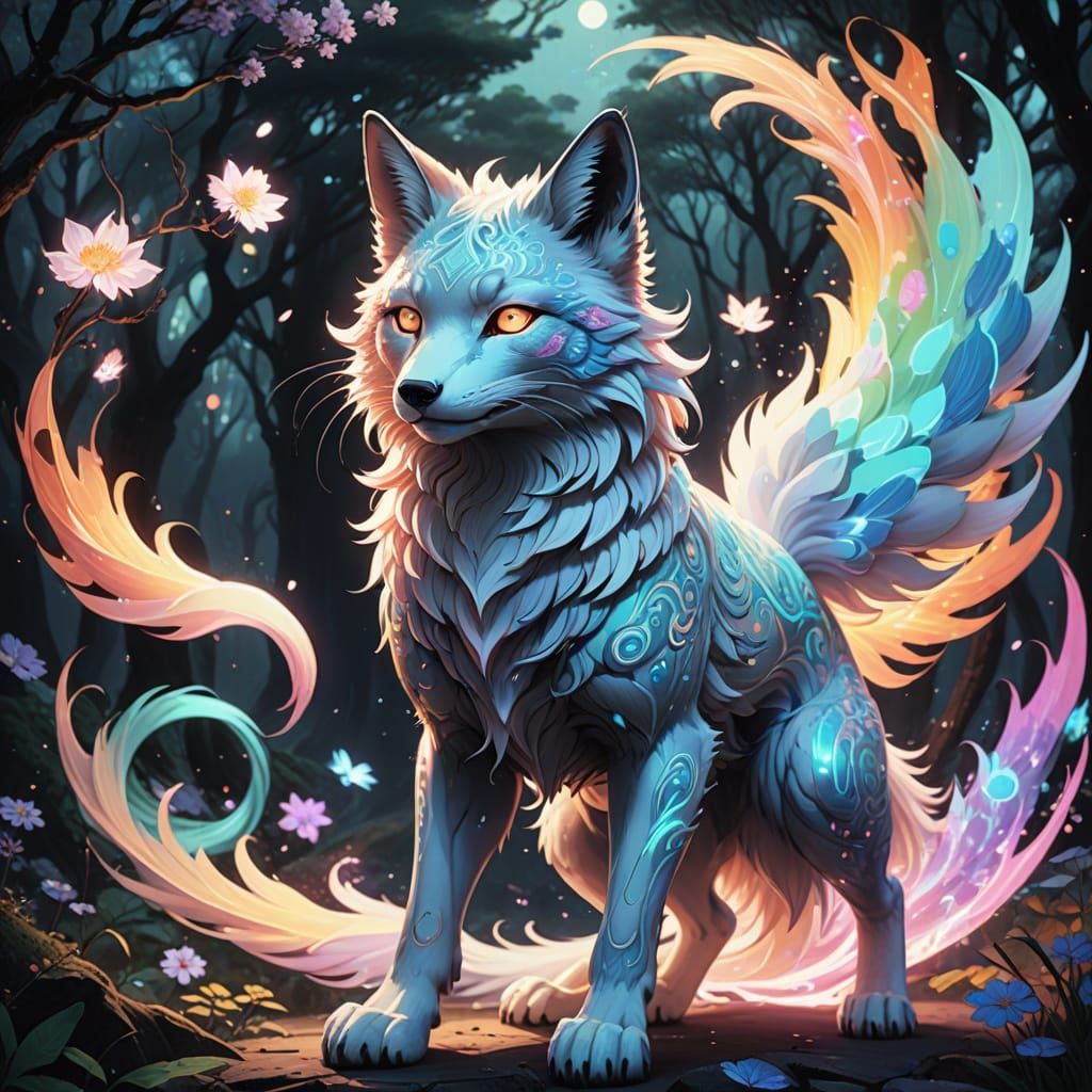 galaxy kitsune powerful fox spirit with nine tails... - AI Art