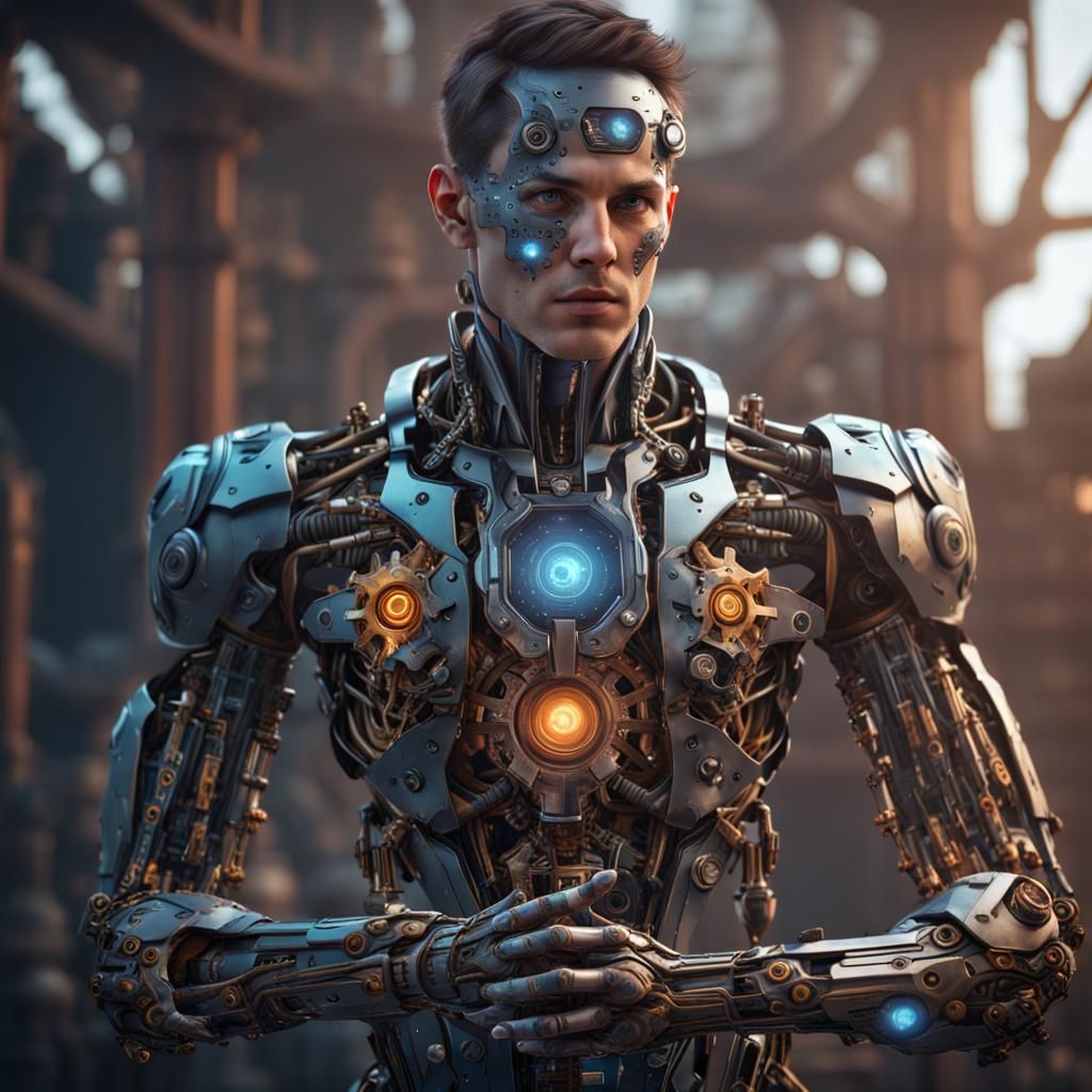 An Android male with his hand robotics gears looked right in front of ...