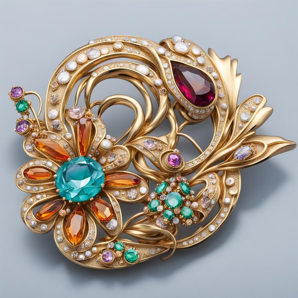 A Tiffany style broach in the abstract style with a floral motif, heavy ...