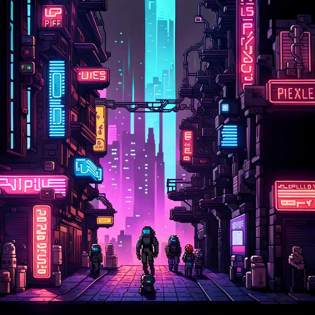 "Pixelated Cyberpunk Alley" Craft a pixel art representation of a ...