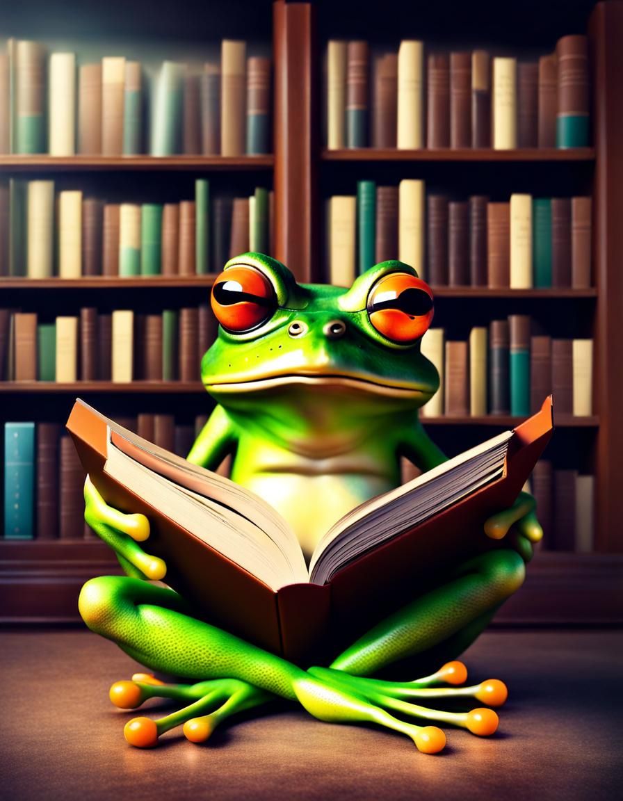 Frog reading book in library - AI Generated Artwork - NightCafe Creator