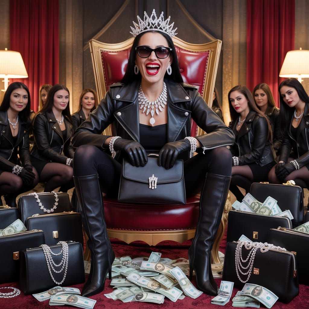 Leather-Clad Robber Queen on Throne - AI Art