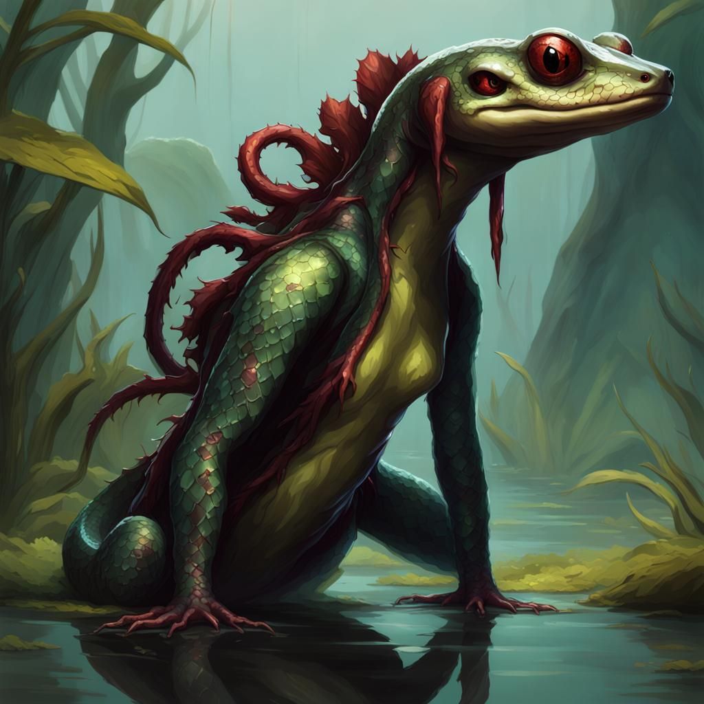 Beautiful amphibious salamander humanoid creature with flexible tentacles on the back of her ...
