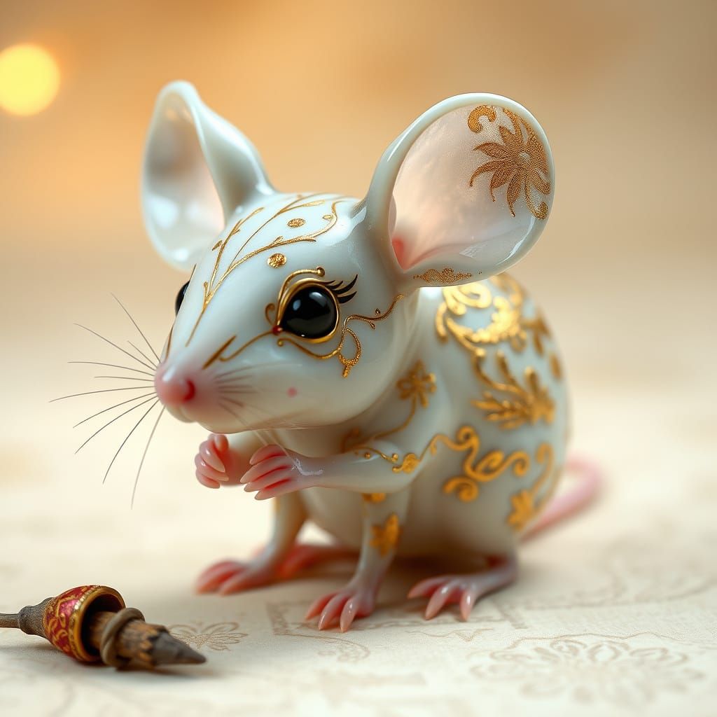 Porcelain Mouse - Whimsical Porcelain Mouse in Golden Accent...