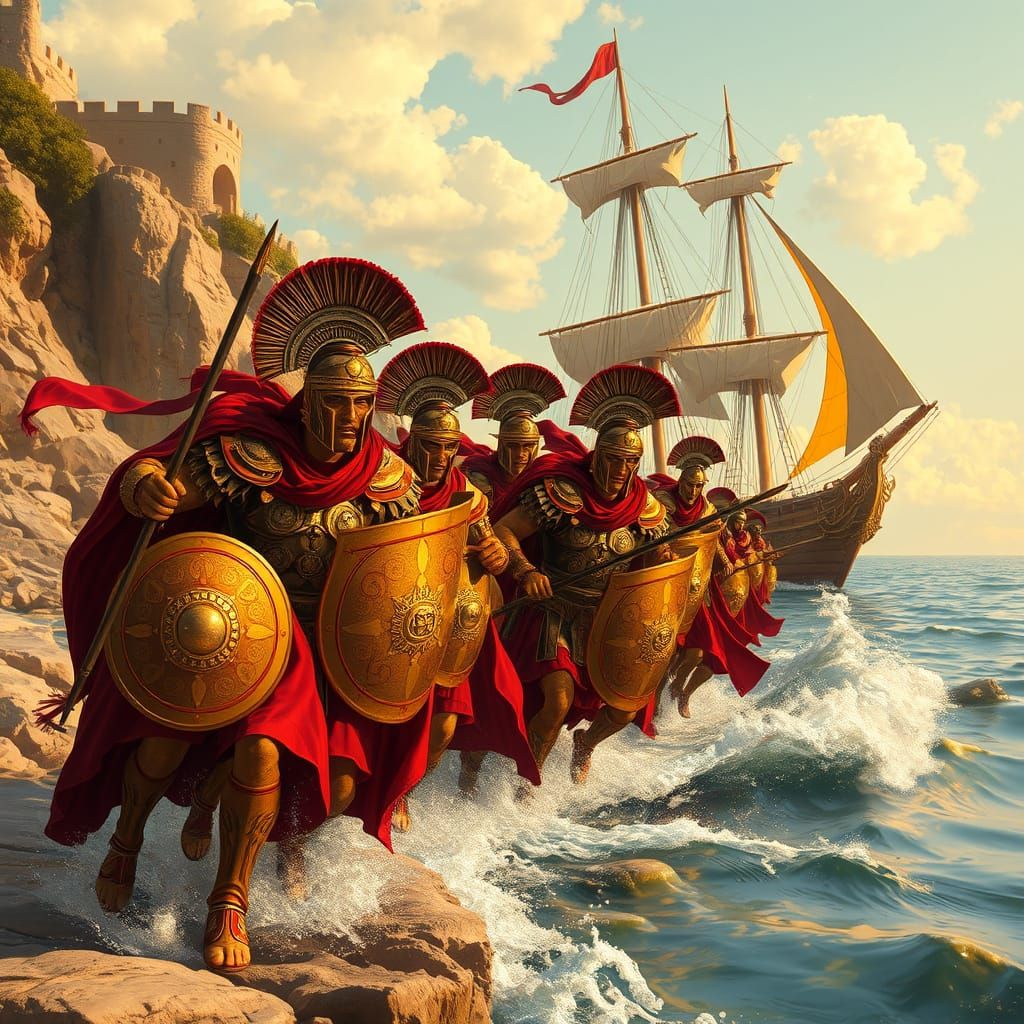 Roman Marines Charge on Mediterranean Coast - AI Art