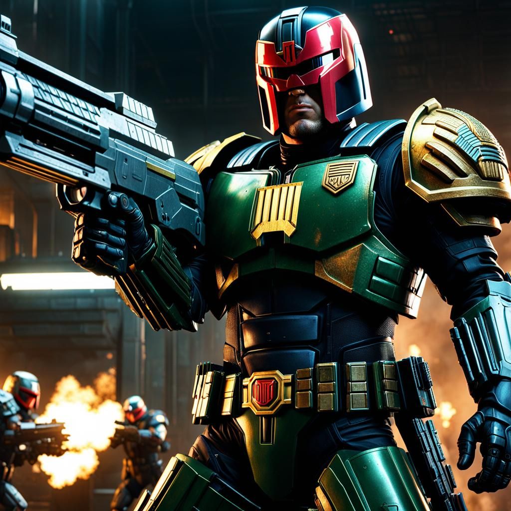 Judge Dredd, in gun battle - AI Generated Artwork - NightCafe Creator