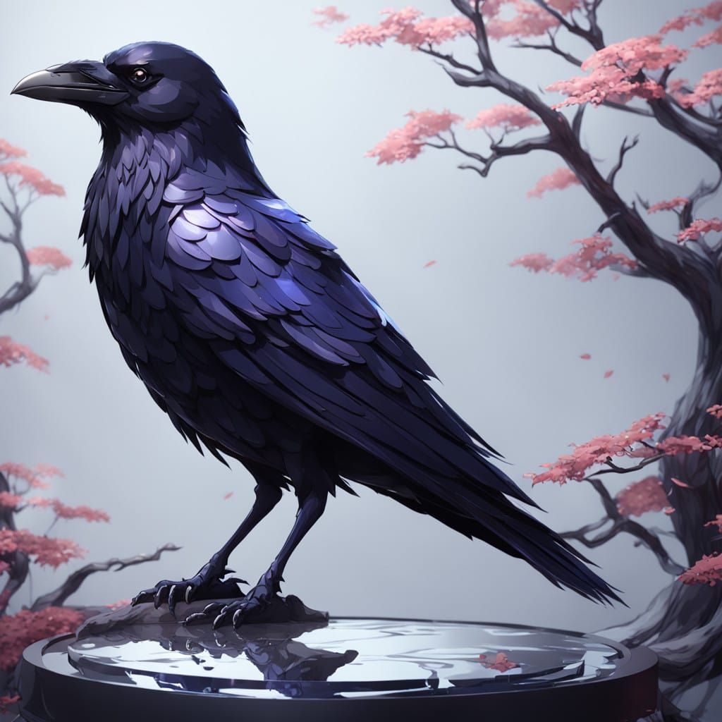 Proud raven - Surreal Glass Raven in 3D Anime Style