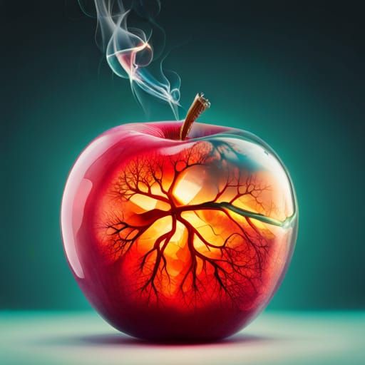Hyper realistic glowing glass apple smoking with cosmic energy, cracked ...