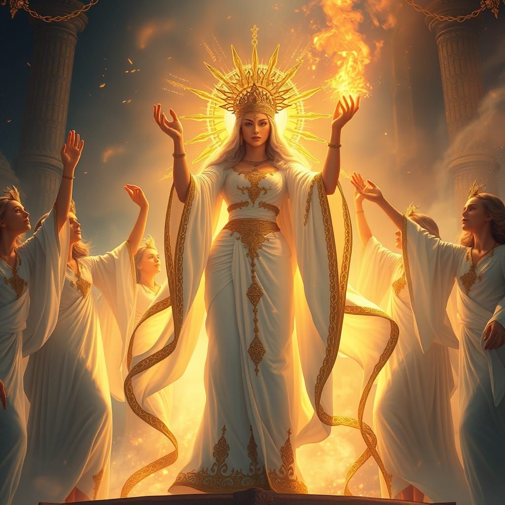 Majestic Hestia Goddess Surrounded by Dancing Prie... - AI Art