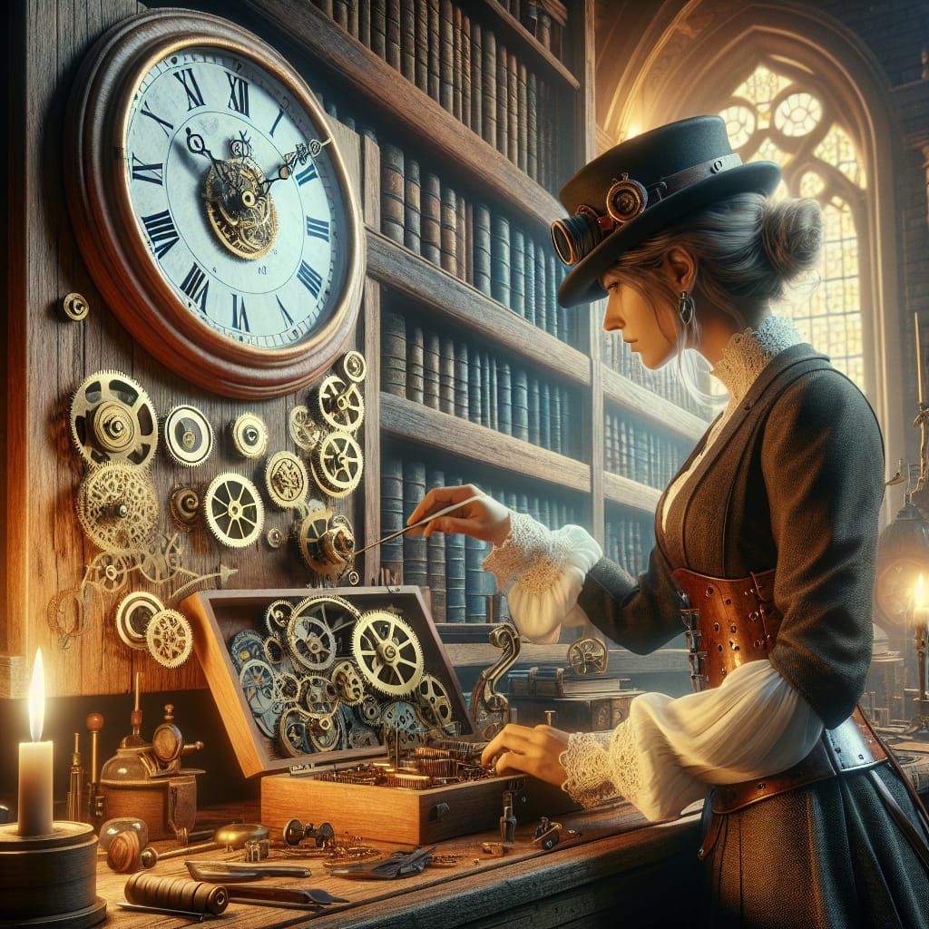 Steampunk Timekeeper's Delight in Castle Library - AI Art