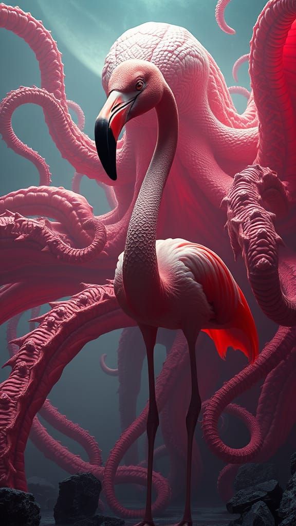 Epic Cosmic Horror Flamingo Cthulhu Portrait in In... - AI Art