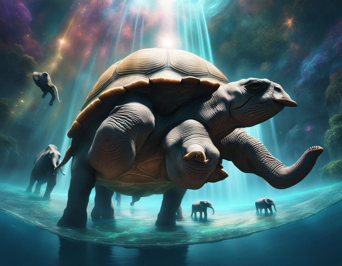 PMSL-A giant turtle swims through space with four elephants standing ...