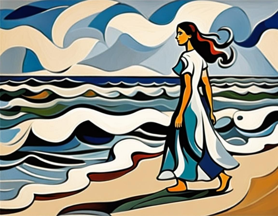 Girl walking on a seaside, waves, clouds. Art of Pablo Picasso - AI ...