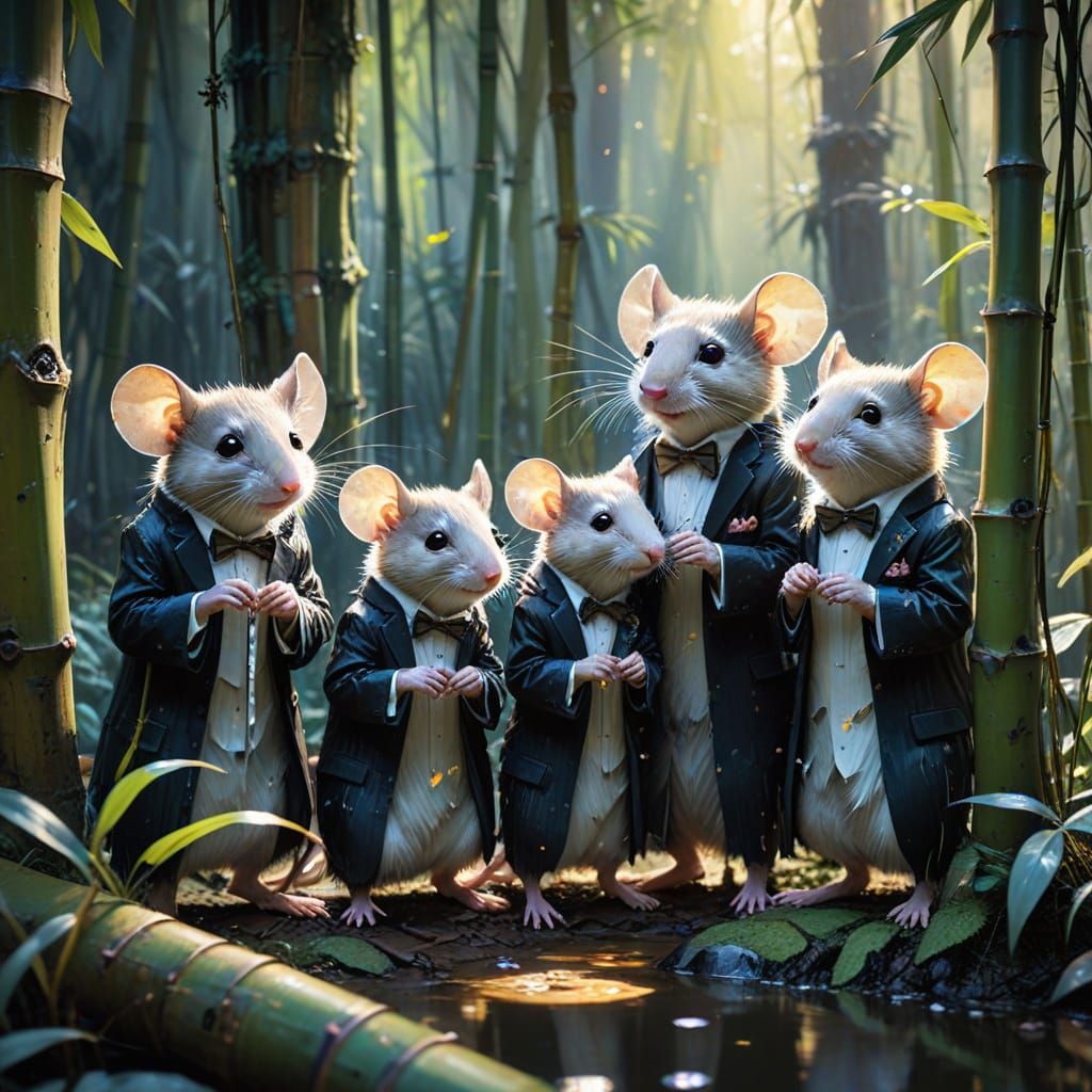 Mice Discover Temple in Bamboo Forest Watercolor - AI Art