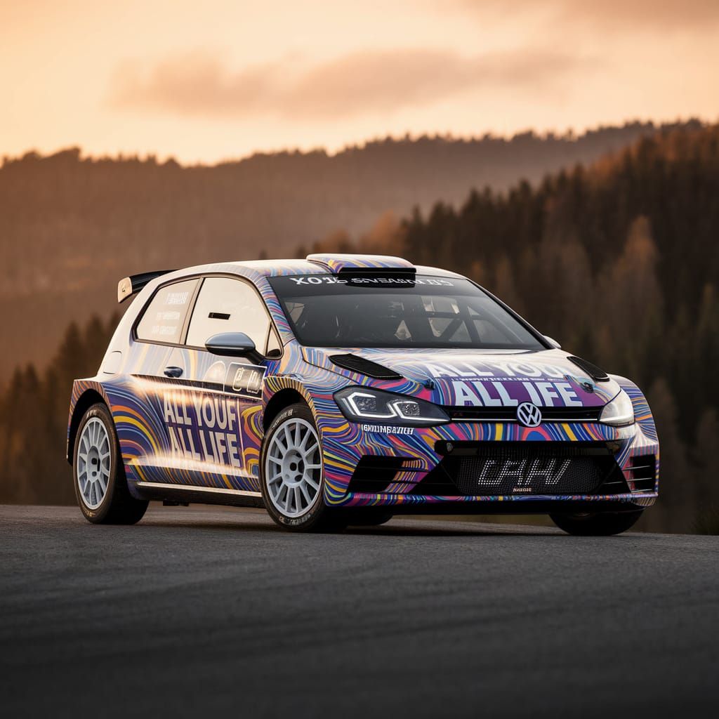 Volkswagen rally car wrapped in "all your life" artwork