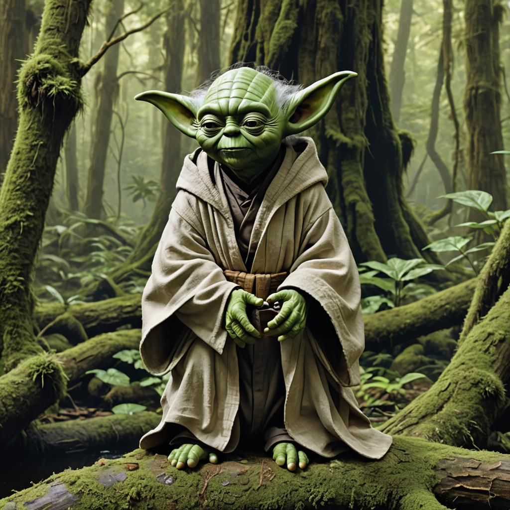 Perched on a mossy log in the lush Dagobah swamp, the venerable Jedi ...