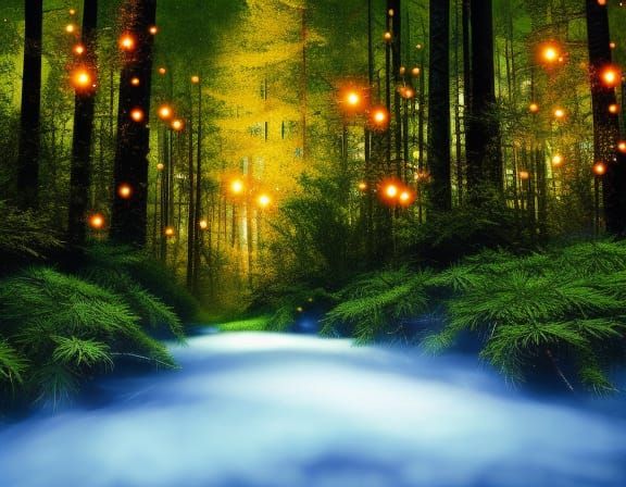 photorealistic forest full of sparkling fireflies at night ...