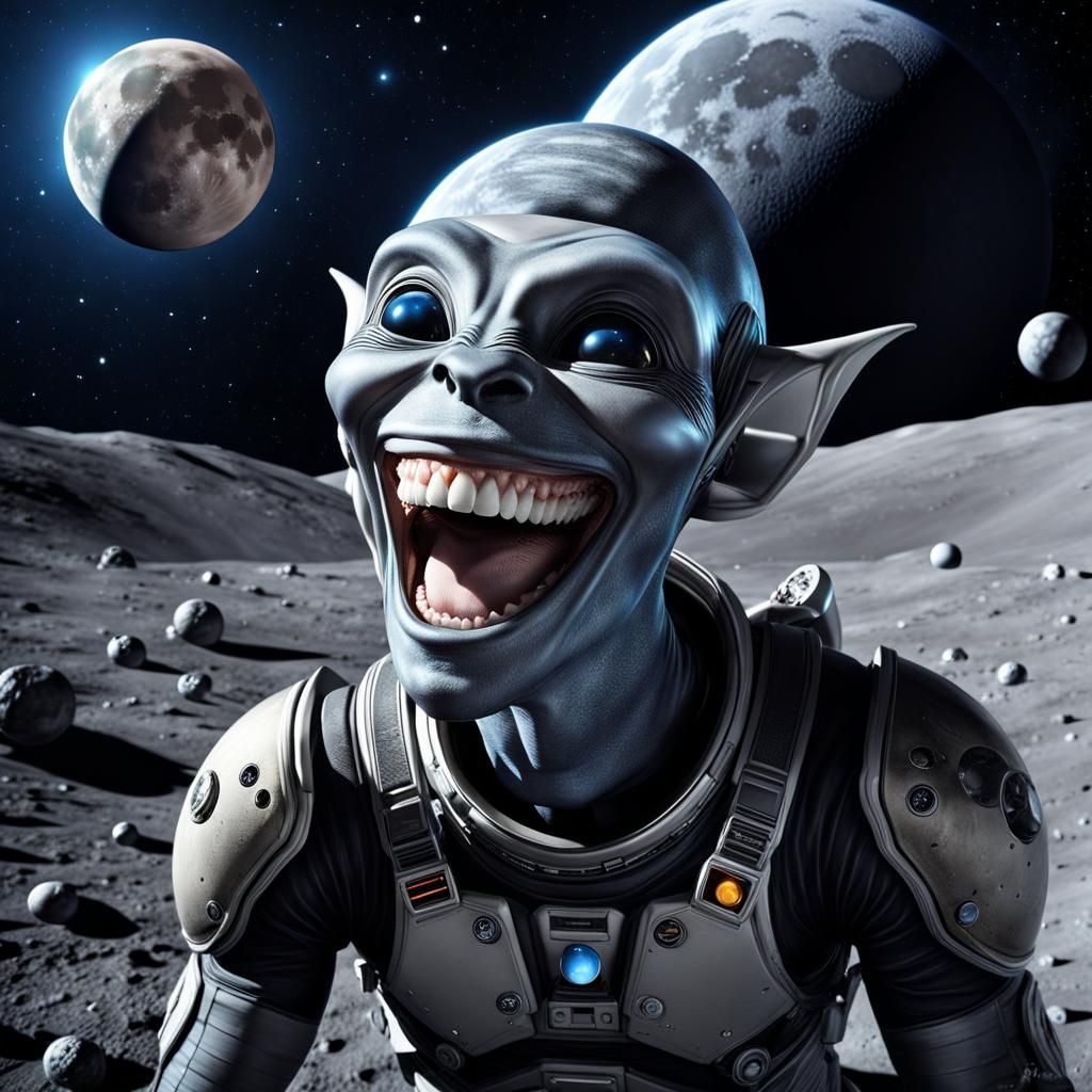 Photograph, Hyperrealistic, Macro, laughing male Alien on the moon ...