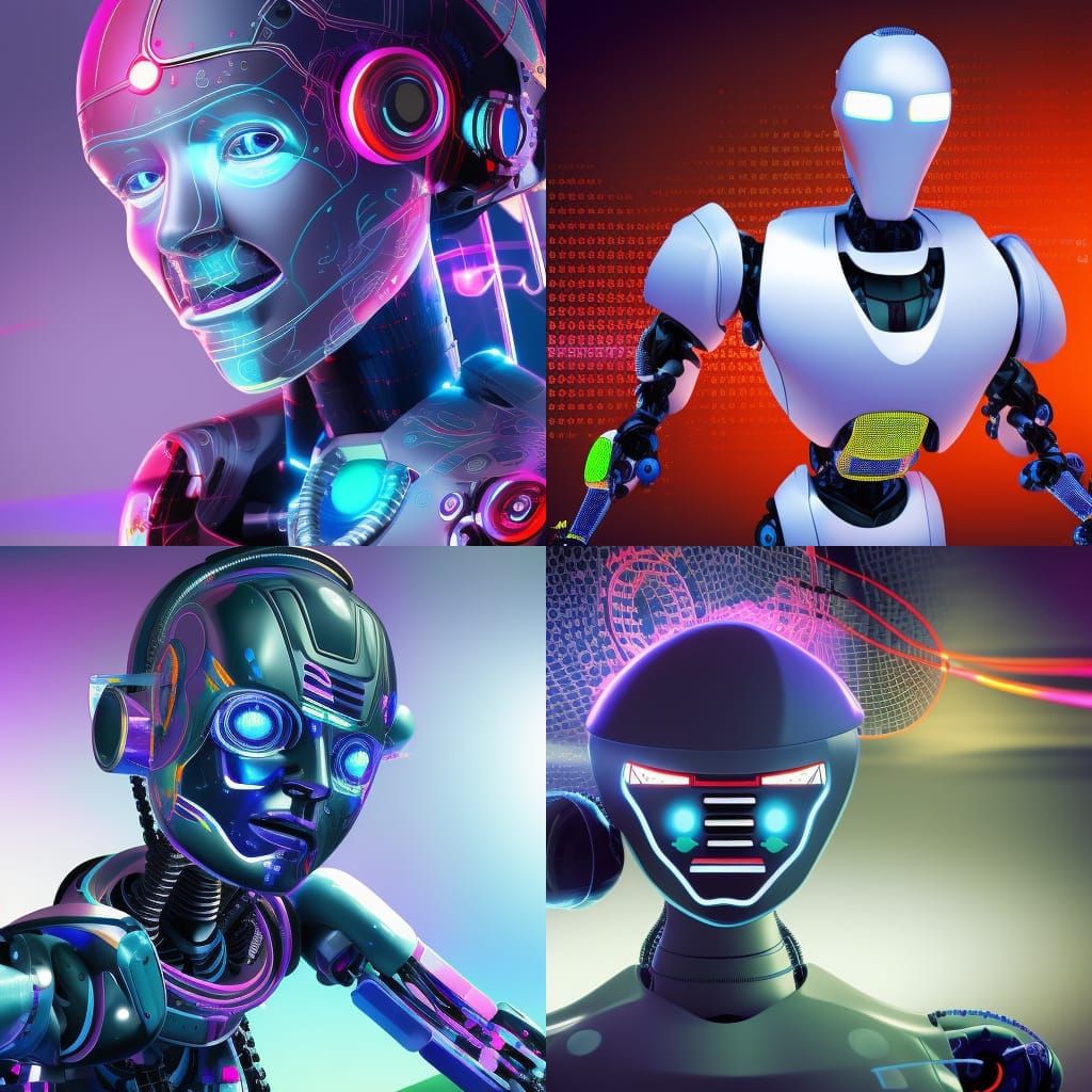 Robot figure with computer screen head, human face in screen, wires ...