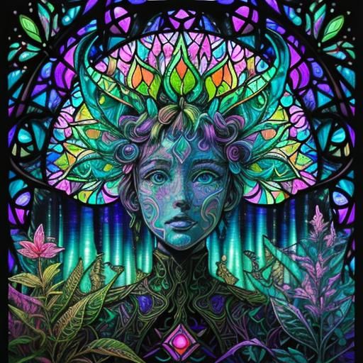 (Hyper detailed surreal stained glass artwork of a mystical ...