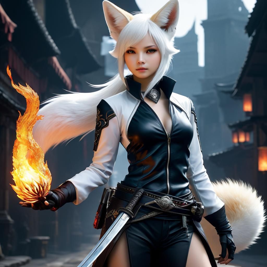 Final Fantasy inspired Character with white hair; beside him a cute white fennec fox with a fire ...
