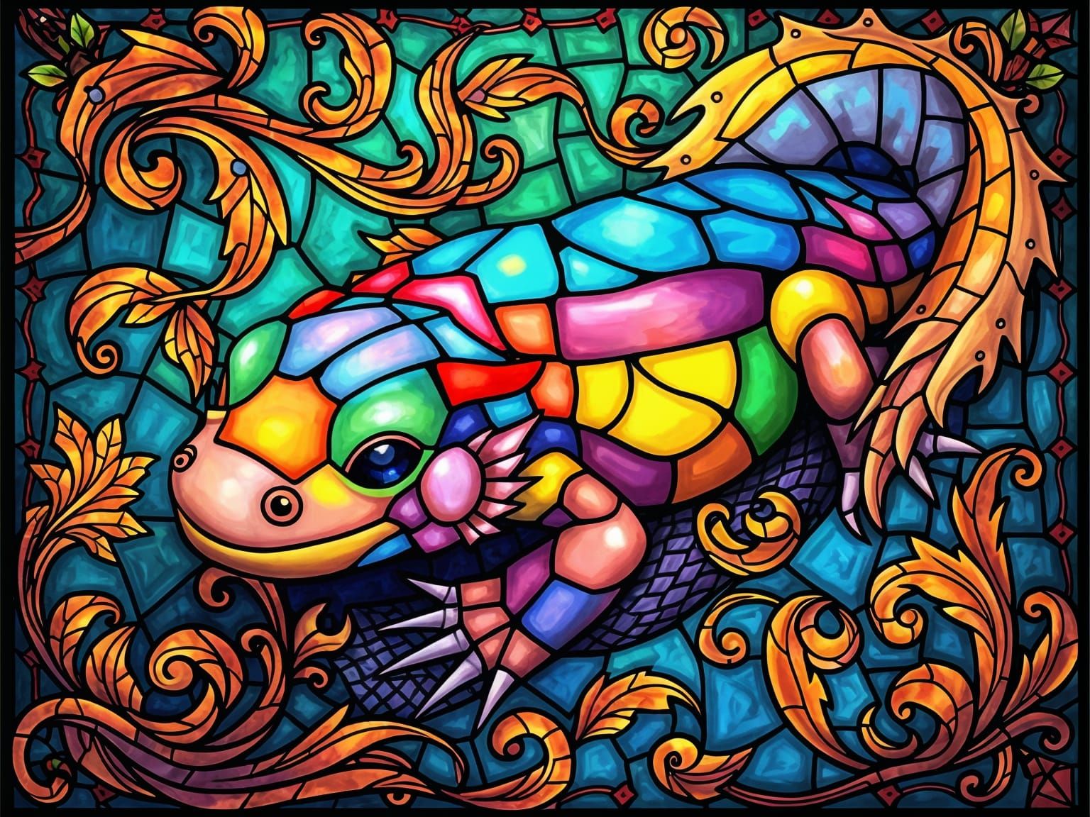 Axolotl rendered in a stained-glass style...