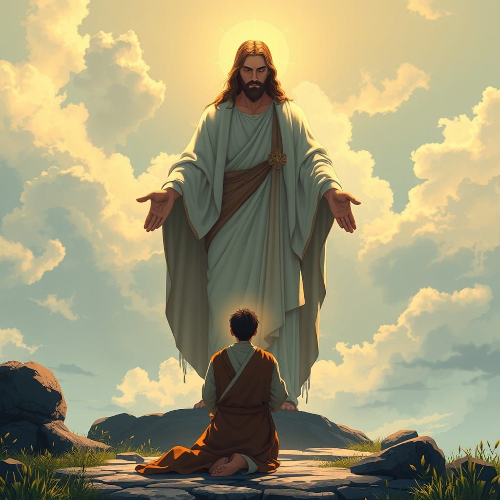 Kneeling Devotee before Majestic Figure in Anime-I... - AI Art