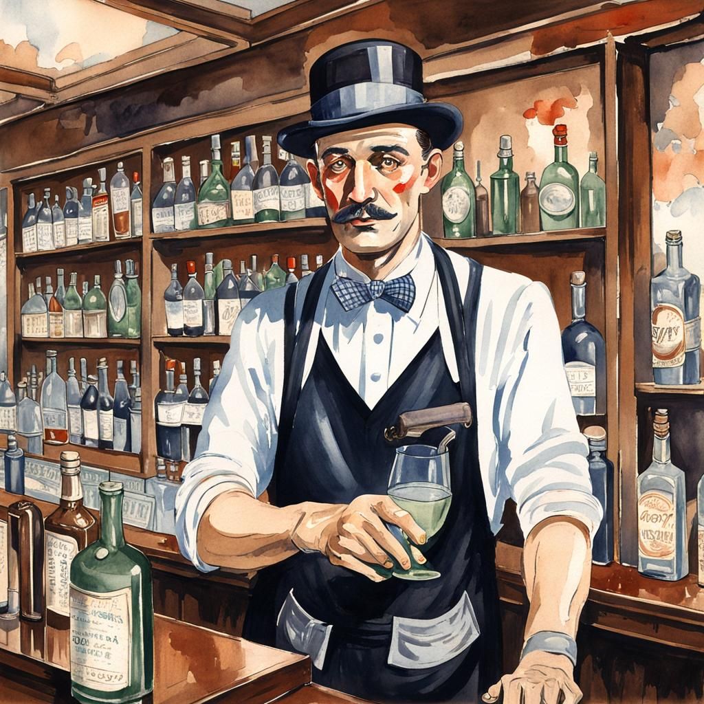 shady bartender wearing bowler hat in shirt sleeves and apron in a ...