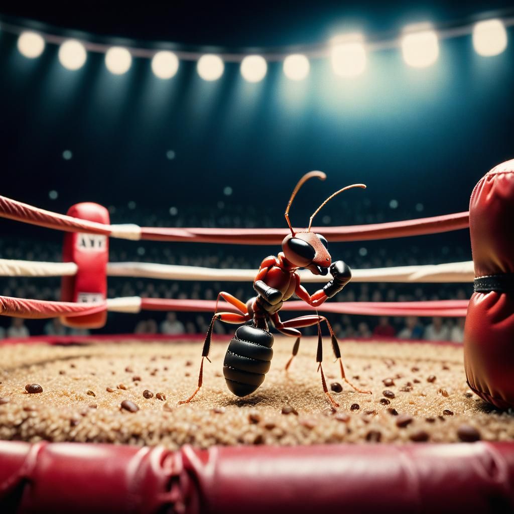 Macro photography, 35 mm film, extreme Closeup of an ant wearing tiny boxing gloves, on a tiny ...