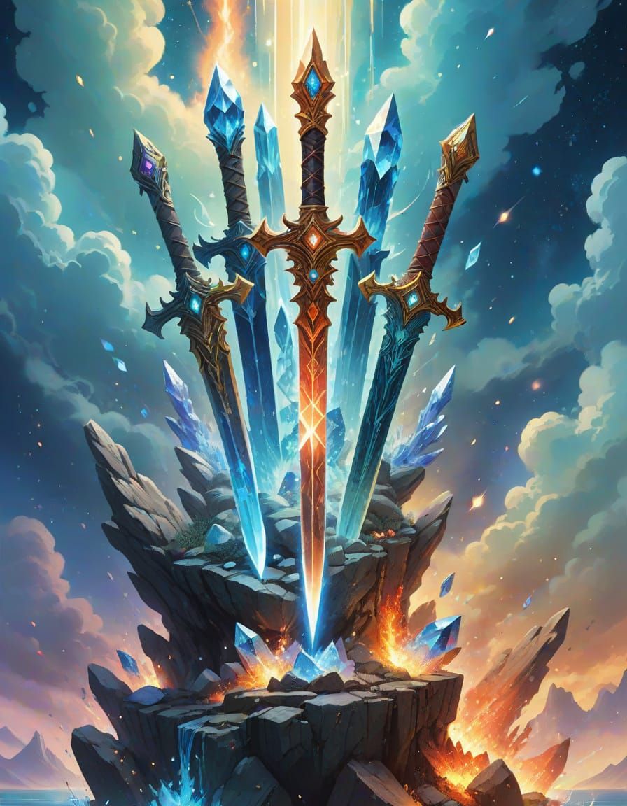 Elemental Crystal Swords surrounded by shimmering and sparkling stars ...