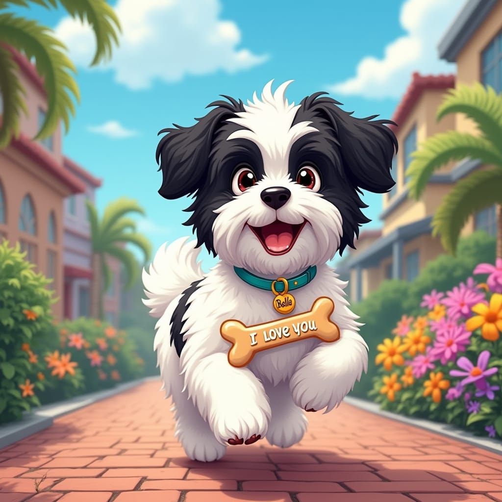 Happy Havanese Dog Prancing in Cartoon Style - AI Art