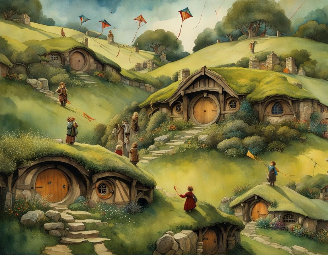 The Hobbit children fly kites (after Catrin Welz-Stein) - AI Generated ...